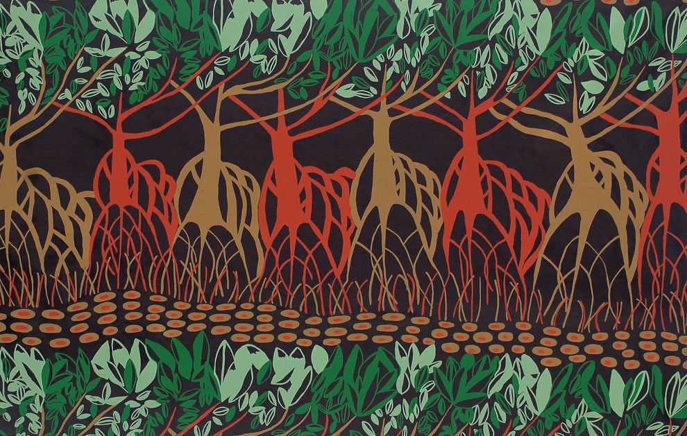 Lanyji-Lanyji (Mangroves) on Black Linen - Maxine Charlie | Nagula Jarndu